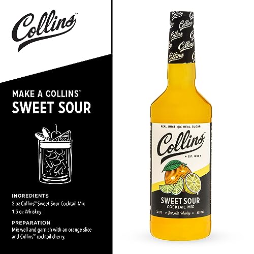 Collins Sweet and Sour Mix Made With Real Orange and Lemon Juice Classic Cocktail Recipe Ingredient, Home Bar Accessories Cocktail Mixers 32 fl oz