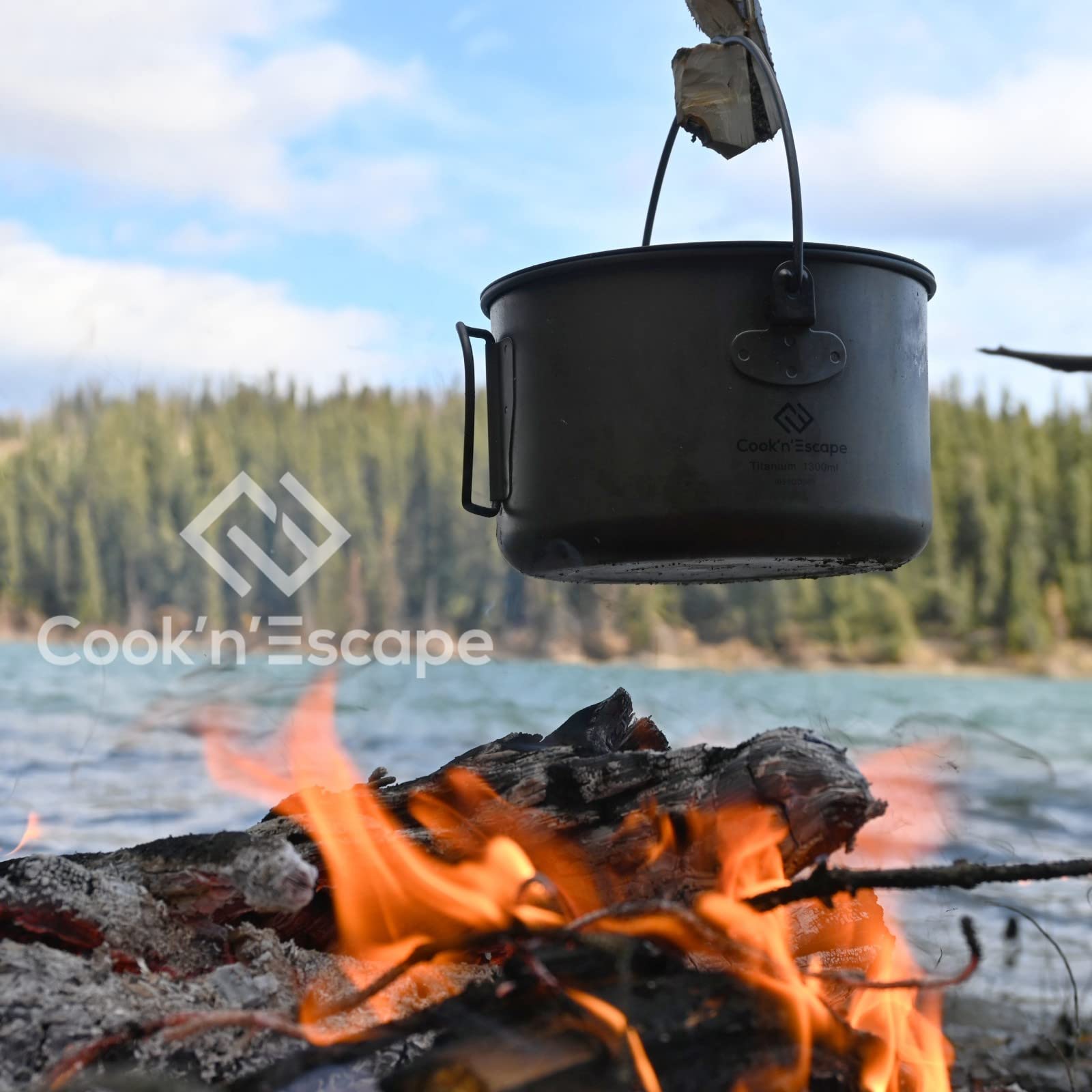 COOK'N'ESCAPE 1950ml Titanium Hanging Pot Camping Cooking Pot, 2 in 1 Ultralight Cookware Pot and Pan Set with Folding Handle for Outdoor Cookset Open Over Fire Hiking Backpacking