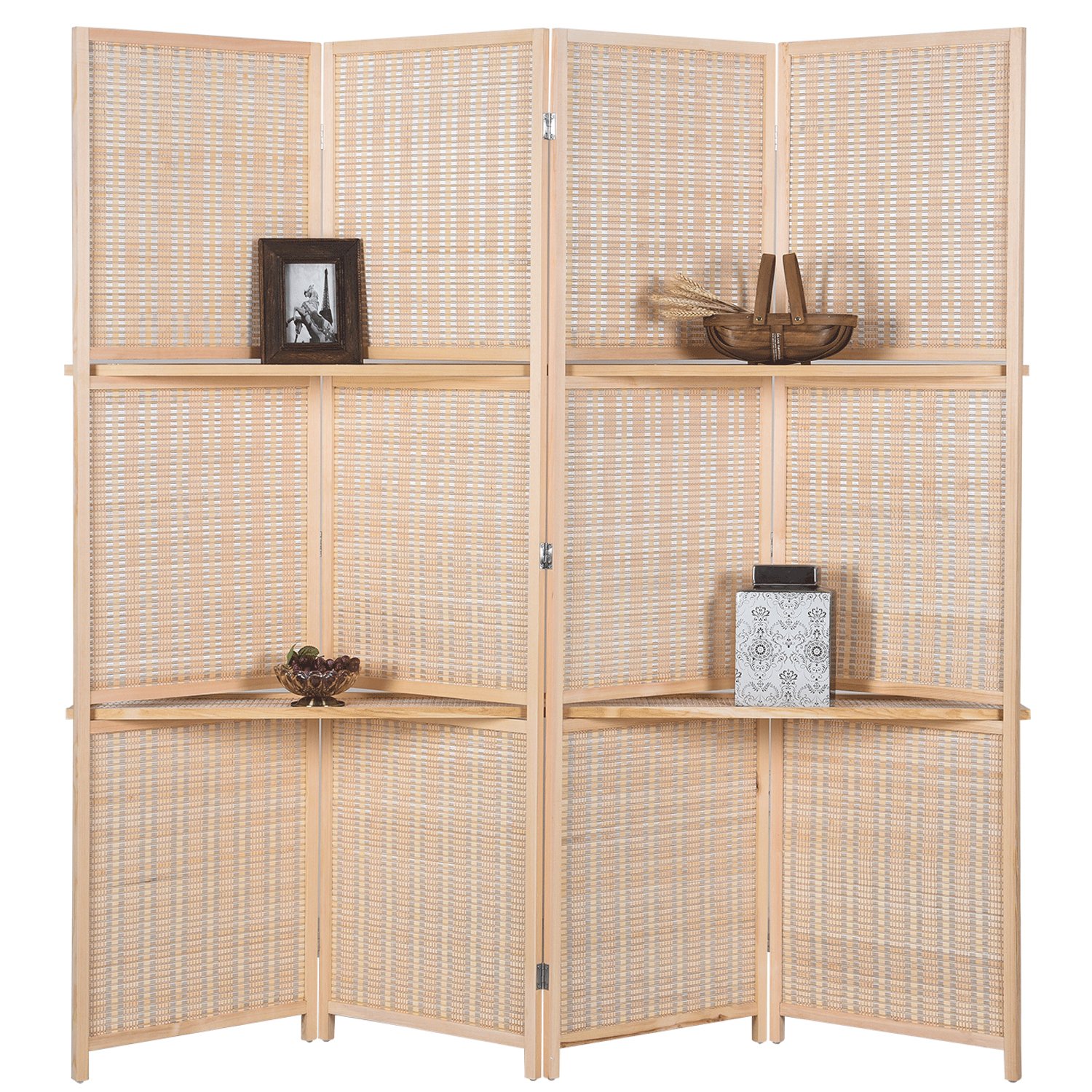 RHF 6 ft Tall (Extra Wide) Beige Woven Bamboo Room Divider&Room dividers and Folding Privacy Screens,Partition Wall, with 2 Display Shelves&Room Divider with Shelves-Bamboo -4 Panels 2 Shelves