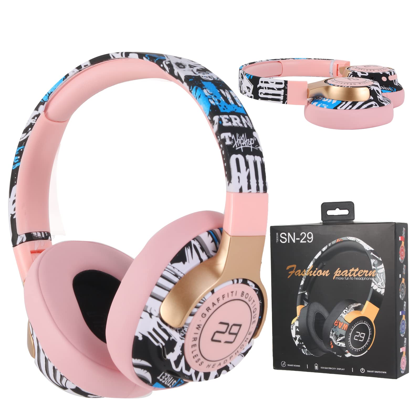 CBSOHDE Bluetooth Headphones Over The Ear, Graffiti Wired/Wireless Headphones with Microphone-Soft Ear Cushions, Foldable Hi-Fi Stereo Sound Bluetooth Headsets for Pad Laptop PC Cellphone (Pink)