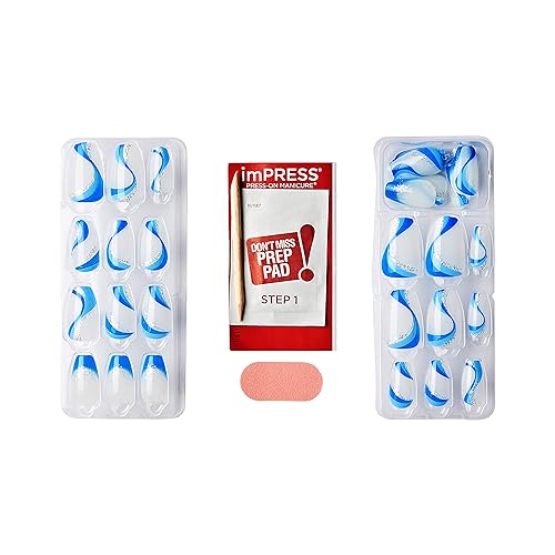 KISS imPRESS Press-On Manicure Fake Nails, Medium Coffin, Mesmerize, Blue, Comfortable, Super Hold Adhesive, No Glue/Polish, Chip Proof, No Dry Time, Smudge Proof, Waterproof | 30 Count