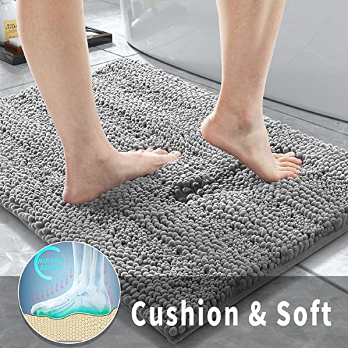 Yimobra Luxury Chenille Shaggy Bathroom Rug Set, 2 Pack Soft Fluffy Plush Bath Mat, Extra Thick, Non-Slip, Water Absorbent, Machine Washable, Bath Mats for Bathroom (Grey, 20" x 32"+17" x 24")