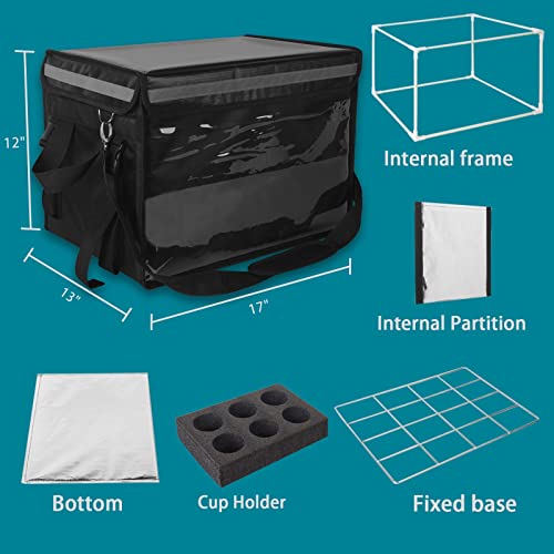 YINFEI Insulated Food Delivery Bag with Fixed Base and Internal Frame,Waterproof Foldable Food Delivery Bag for Catering,Restaurant,Delivery Driver(17" x 13" x 12")