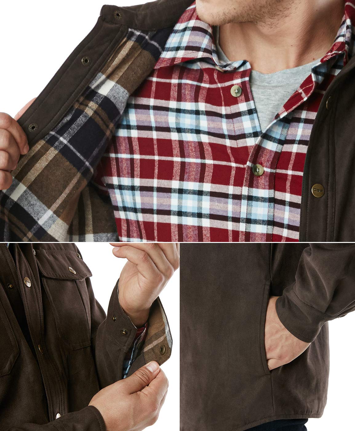 CQR Men's Flannel Lined Shirt Jackets, Long Sleeved Rugged Plaid Cotton Brushed Suede Shirt Jacket, Flannel Lined Calf Brown, Medium