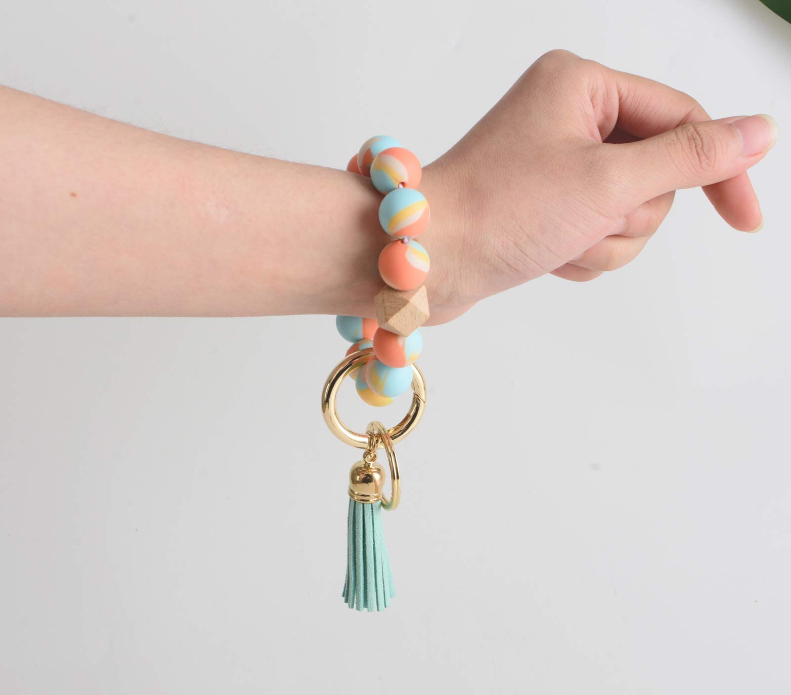 Coolcos Silicone Key Ring Bracelet for Women Portable Keychain Holder, Car Keychain Elastic Beaded Wristlet with Tassel (rainbow colorful)