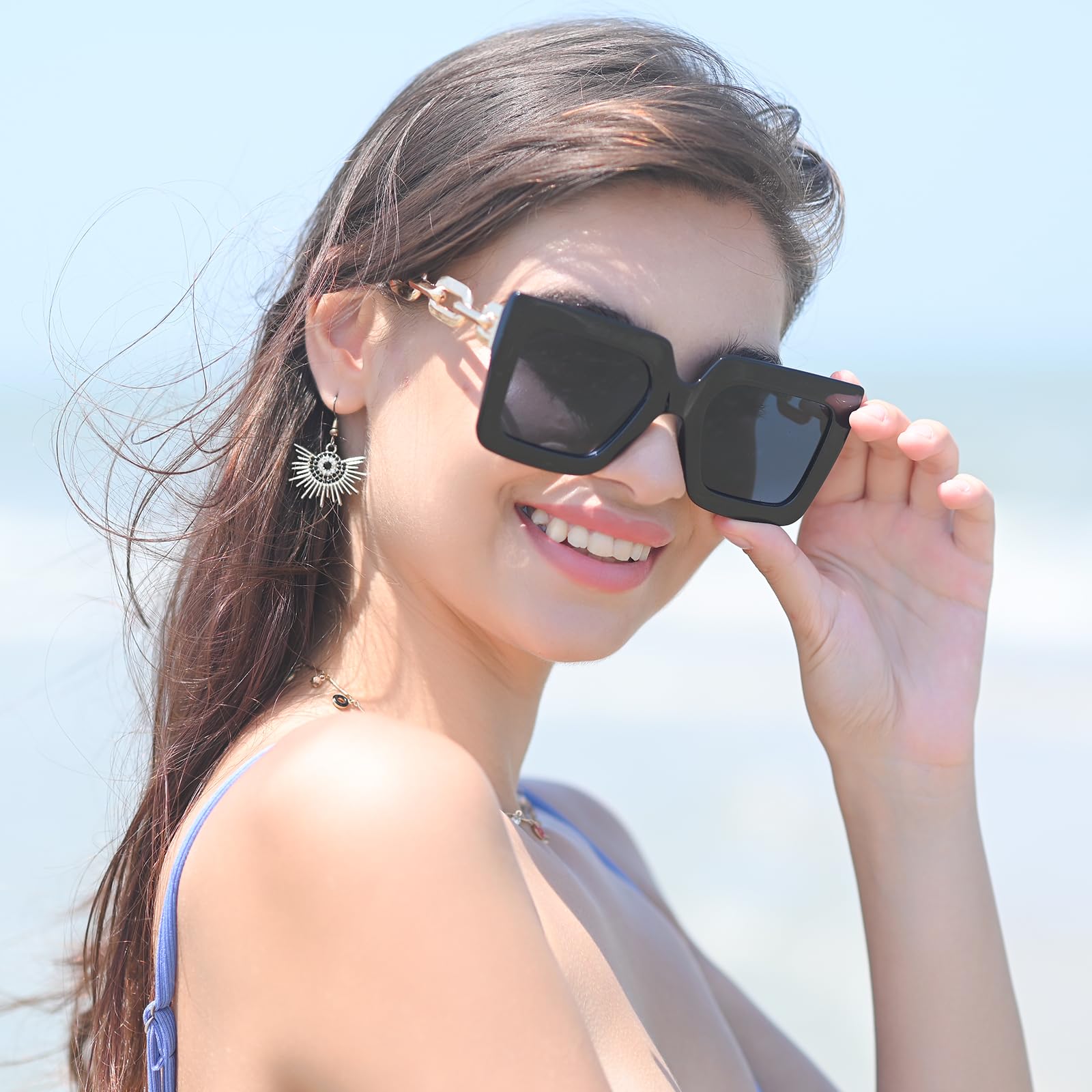 Dollger Oversized Square Sunglasses for Women Large Frame Metal Chain Arms UV Protection Glasses