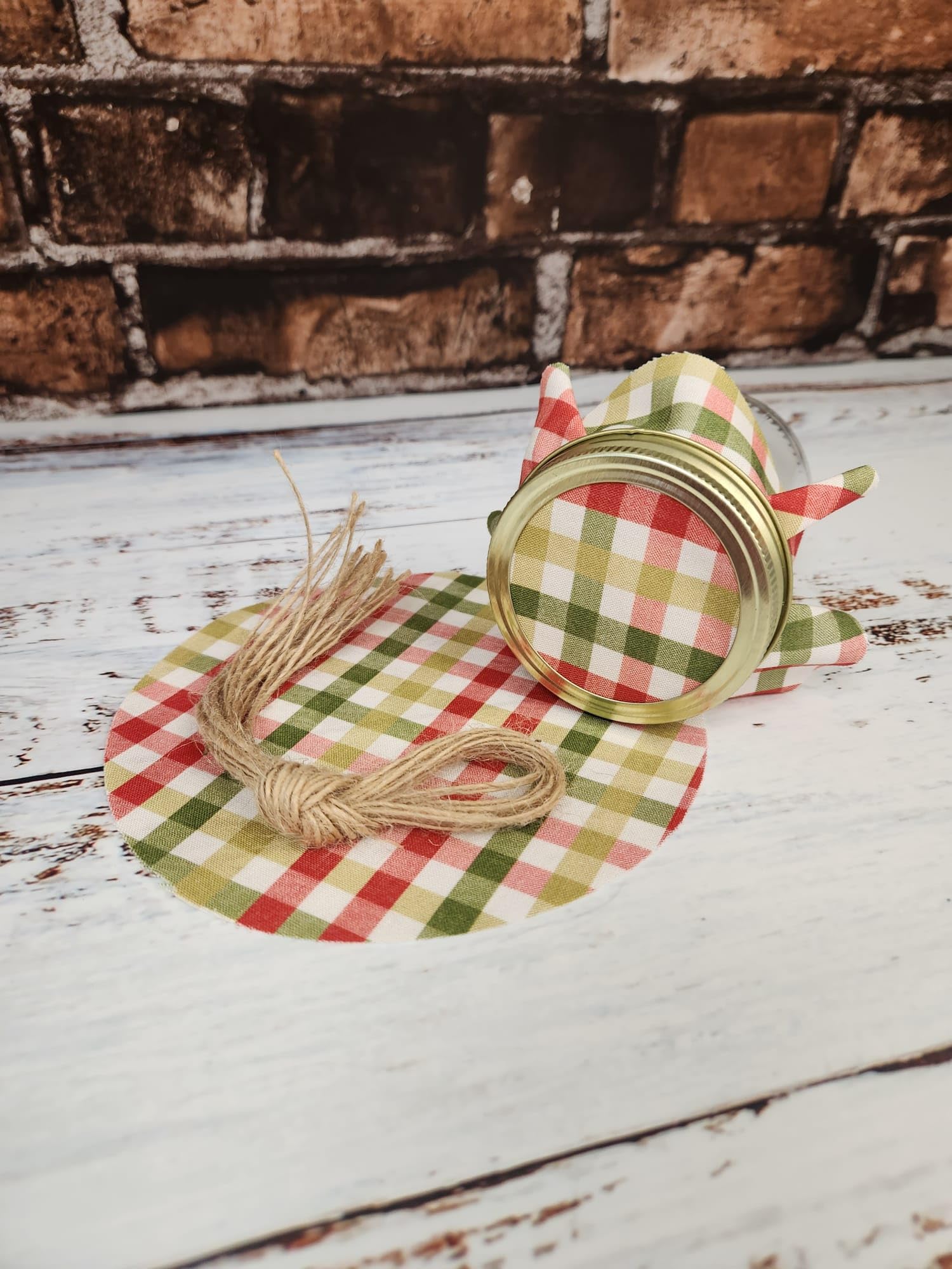 Nakpunar 12 pcs 6 inch Christmas Fabric Jar Covers with Twine Ties (Assorted Fabric in Red and/or Green Homespun Plaids, 6" straight sided)