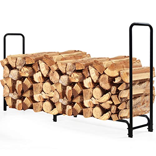 Goplus 8ft Firewood Log Rack, Outdoor Heavy-Duty Firewood Storage Holder w/Sturdy Steel Tubular Frame, Easy Assembly Rustproof Fireplace Wood Stacker for Fireplace, Patio, Deck, Fire Pit, 8ft Black