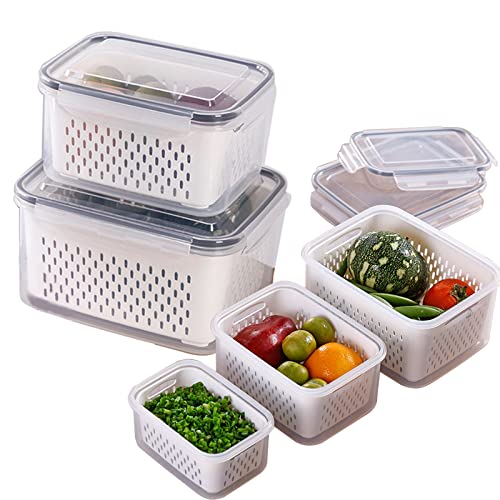 Set of 5 with Drain Basket Fruit Storage Containers , King Size to Mini Tall Airtight Fridge Fresh Produce organizer , used for food Frozen Vegetable and Salad, refrigerator veggie saver keeper