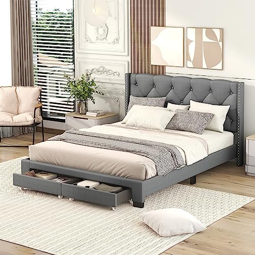 OMMGG Queen Size Upholstered Platform Bed with Two Drawers and Button Tufted Headboard, Linen Fabric Storage Bedframe w/Reinforced Wooden Slats & 4 Supporting Legs, No Box Spring Needed