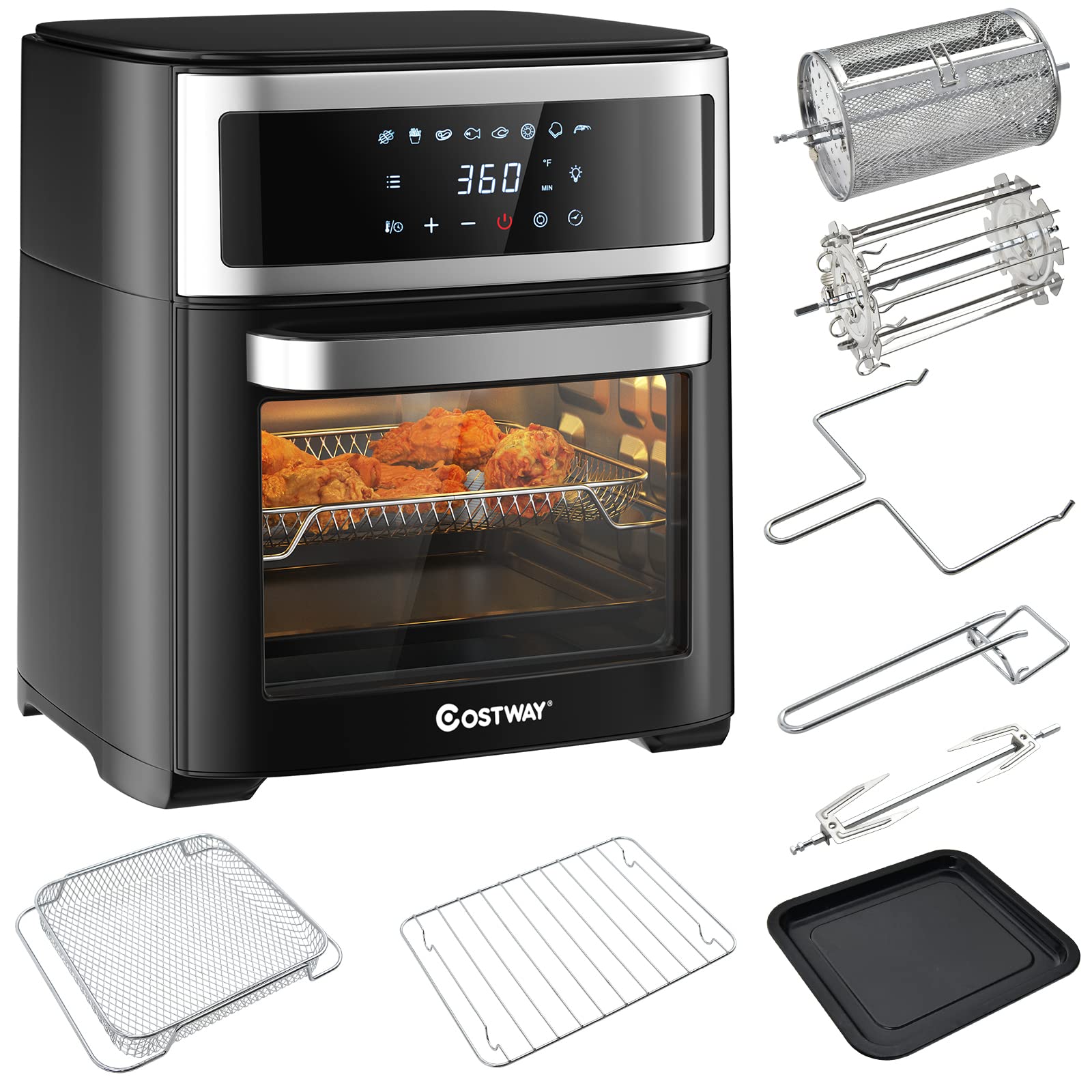 Costway 13.7-Quart Large Capacity Air Fryer with 8 Preset Cooking Menus, 360 Rapid Air Circulation Technology, 1700W Motor, Oil-Free Crispy Food, Smart Control Panel, 9 Accessories