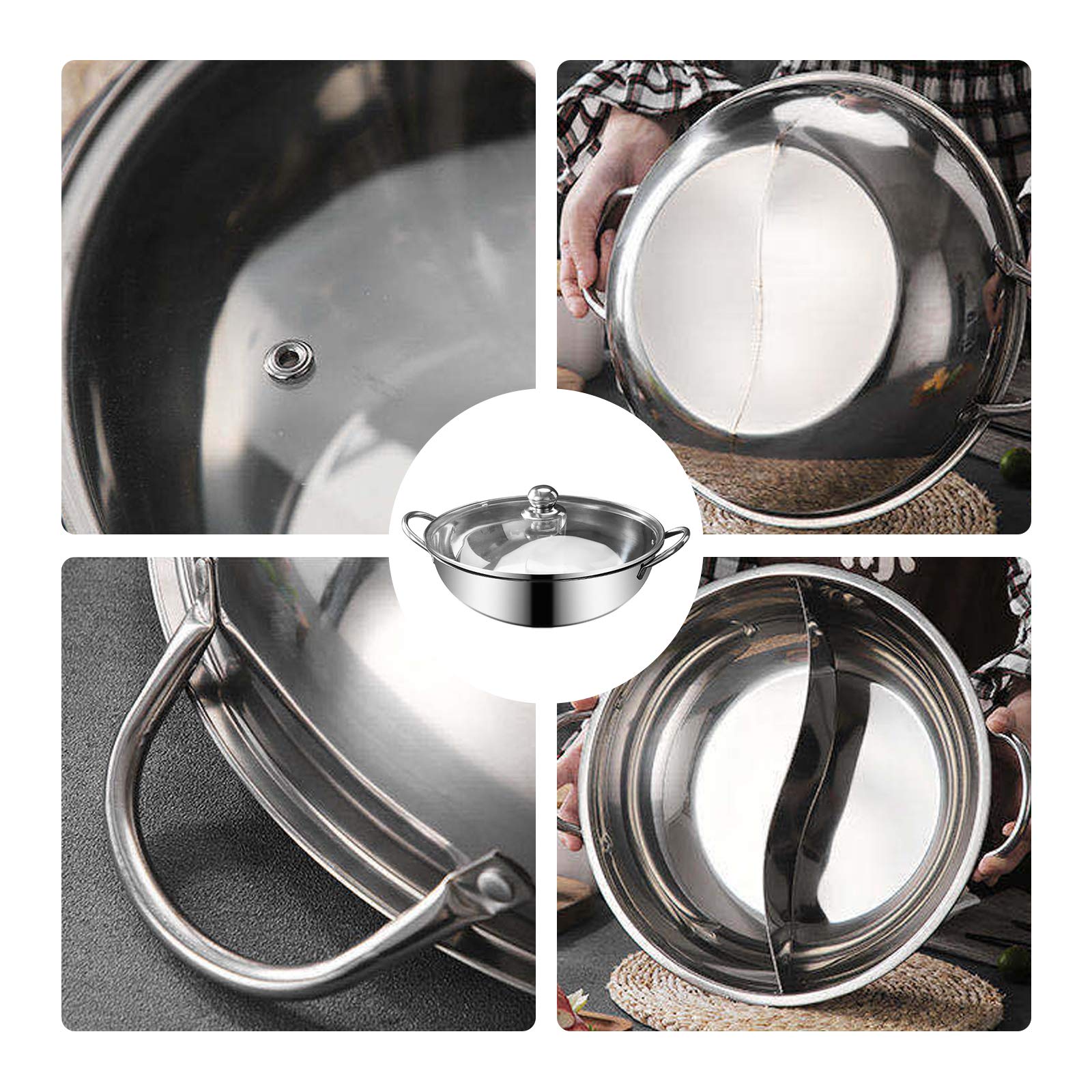 Gdrasuya10 Shabu Hot Pot, 12" Stainless Steel Pot Dual Site Divider with Glass Lid for 2-5 People