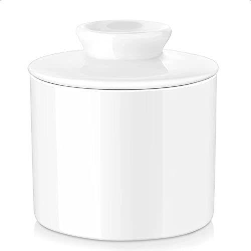 French Butter Crock, LOVECASA Ceramic Butter Dish with Lid for Countertop, Farmhouse Butter Keeper Container with Water Line,Perfect Butter Storage to Keep Fresh and Spreadable(White)