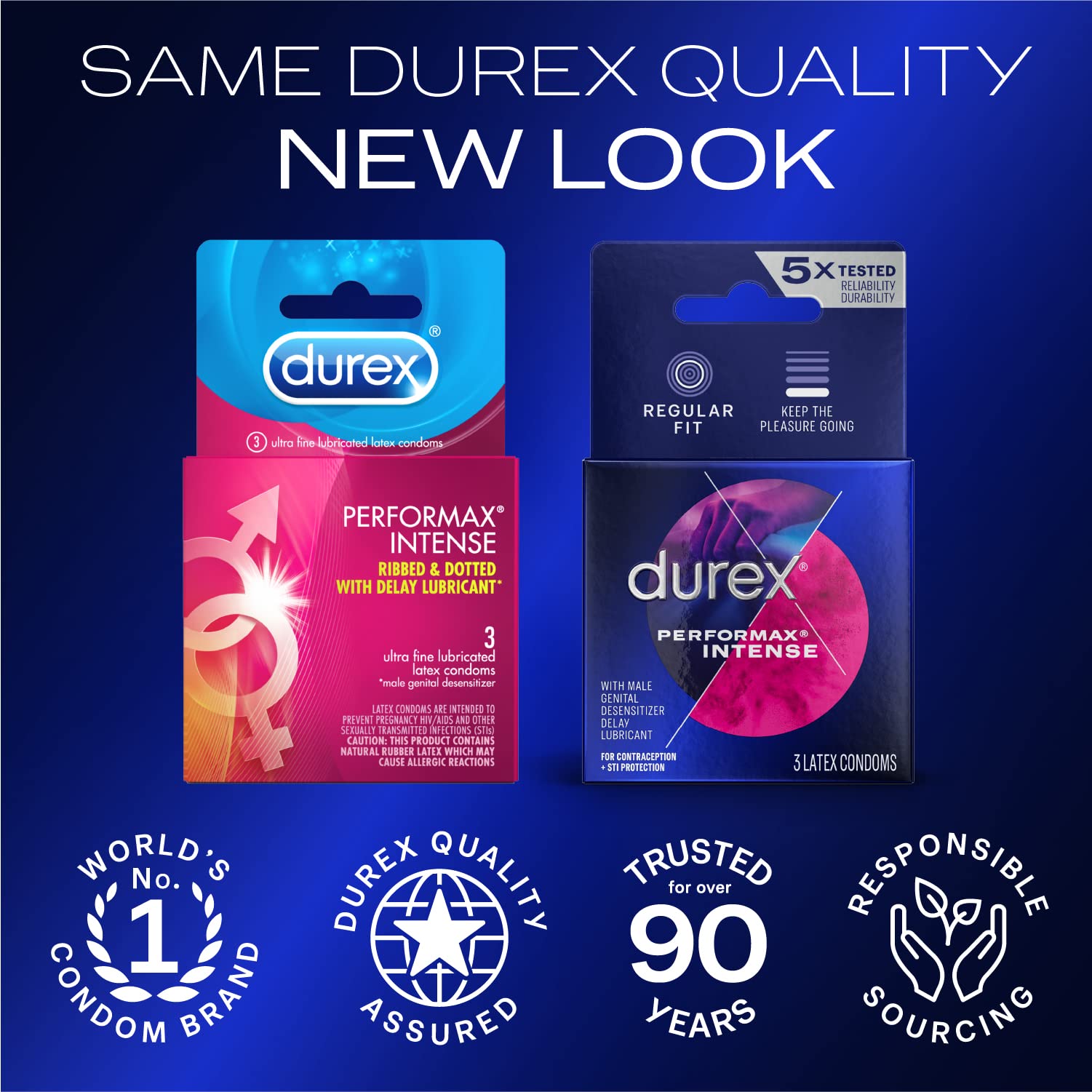 Condoms, Ultra Fine, Ribbed, Dotted with Delay Lubricant, Durex Performax Intense Natural Rubber Latex Condoms, 3 Count, Contains Desensitizing Lube for Men, FSA & HSA Eligible