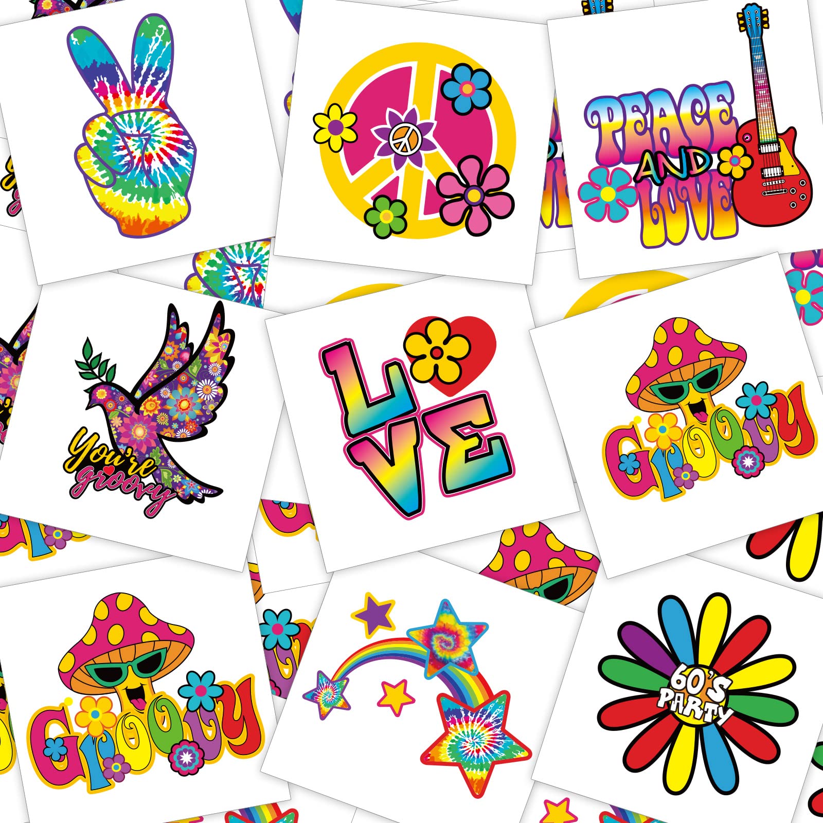 Chinco 144 Pieces Hippie Temporary Tattoo Stickers for Kids 70s 80s 90s Groovy Hippie Tattoos Hippie Face Tattoos Love and Peace Tattoos Multi Temporary Tattoos Decals for Tie Dye Hippie Party Favors
