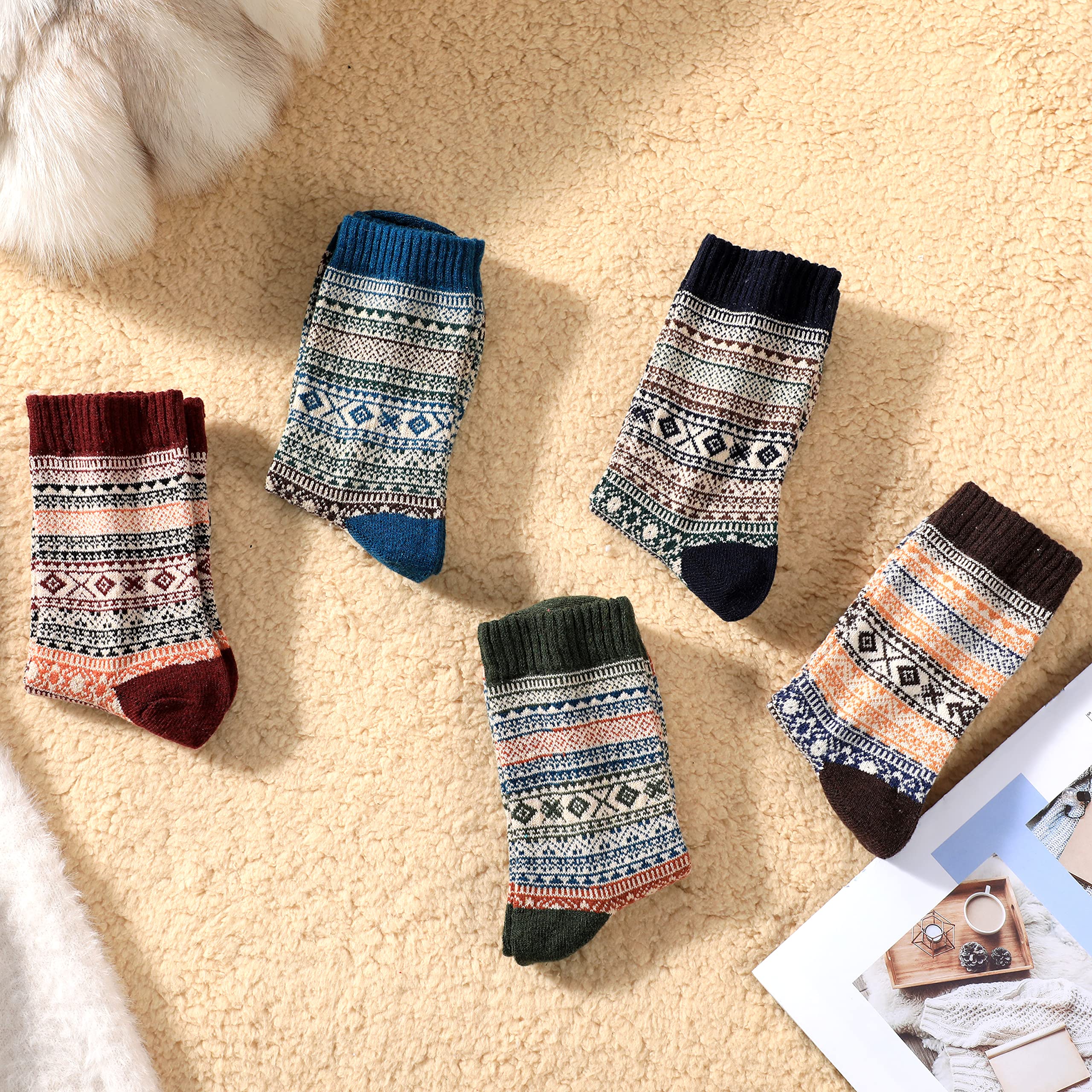 clubone 5 Pairs Wool Socks - Cozy Athletic Socks Wool Socks for Women Knit Crew Socks Hiking Socks Mens Winter Socks Boot Long Socks