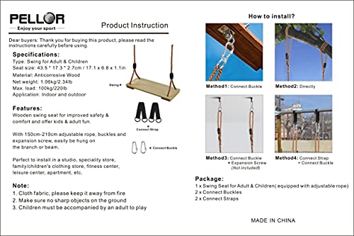 PELLOR Wooden Tree Swing for Kids - Anticorrosive Hanging Swing Seat 17.1 x6.8 x1.1, Adjustable PE Rope Kids Swing for Backyard Patio Garden Playground,220lbs