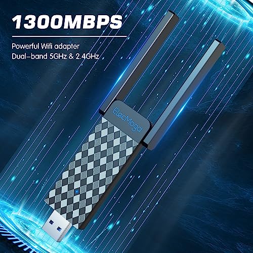 USB WiFi Adapter, ElecMoga 1300Mbps Wireless Network Adapter Dual Band 5GHz/2.4GHz WiFi Dongle USB 3.0 5dBi Antenna WiFi Adaptor for Desktop PC, Support Windows 11/10/8.1/8/7, Mac OS 10.9-10.15