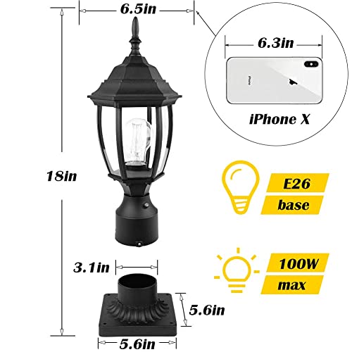 Hardwired 120V Dusk to Dawn Outdoor Post Light, Waterproof Aluminum Pole Light Fixture with Pier Mount Base, Exterior Lamp Post Lantern Head with Clear Glass for Garden Yard Patio Pathway (6 Inch)