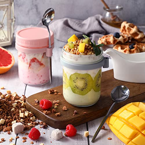 LANDNEOO 2 Pack Overnight Oats Containers with Lids and Spoons, 16 oz Glass Mason Jars for Overnight Oats, Large Capacity Airtight Jars for Milk, Cereal, Fruit (Pink+Grey)