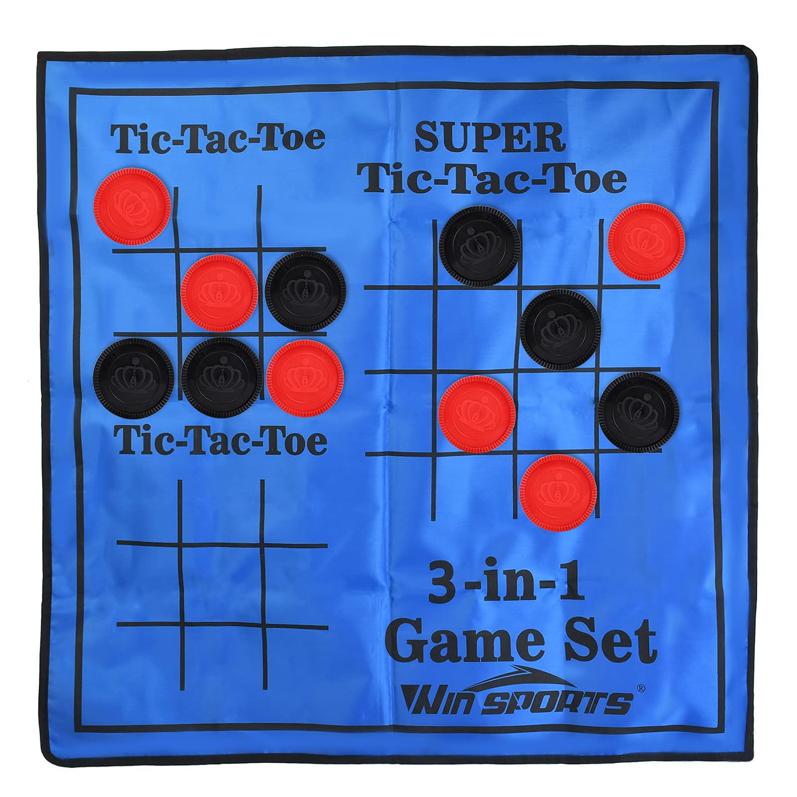 Win SPORTS 3 in 1 Giant Checkers Game Set,Super Tic Tac Toe,Including Reversible Rug with 24 Checkers,Indoor and Outdoor Activity for Kids or Adults,Board Game,Yard Game