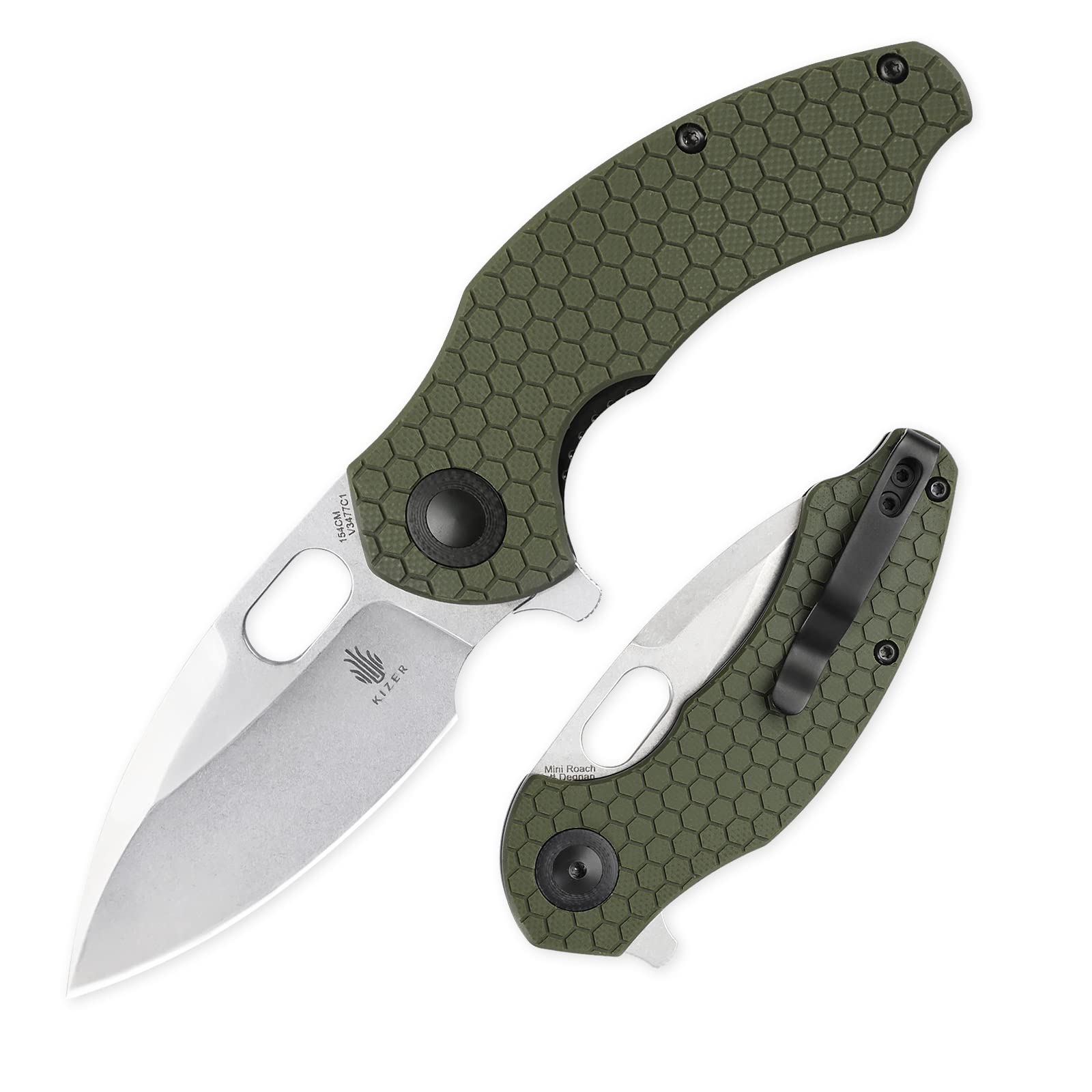 Kizer Roach Mini Green Pocket Knife, 154CM Steel G10 Handle 3 Inch Folding Survival Knife with Thumb Hole, Removable Flipper Tab Hunting Knife, V3477C1