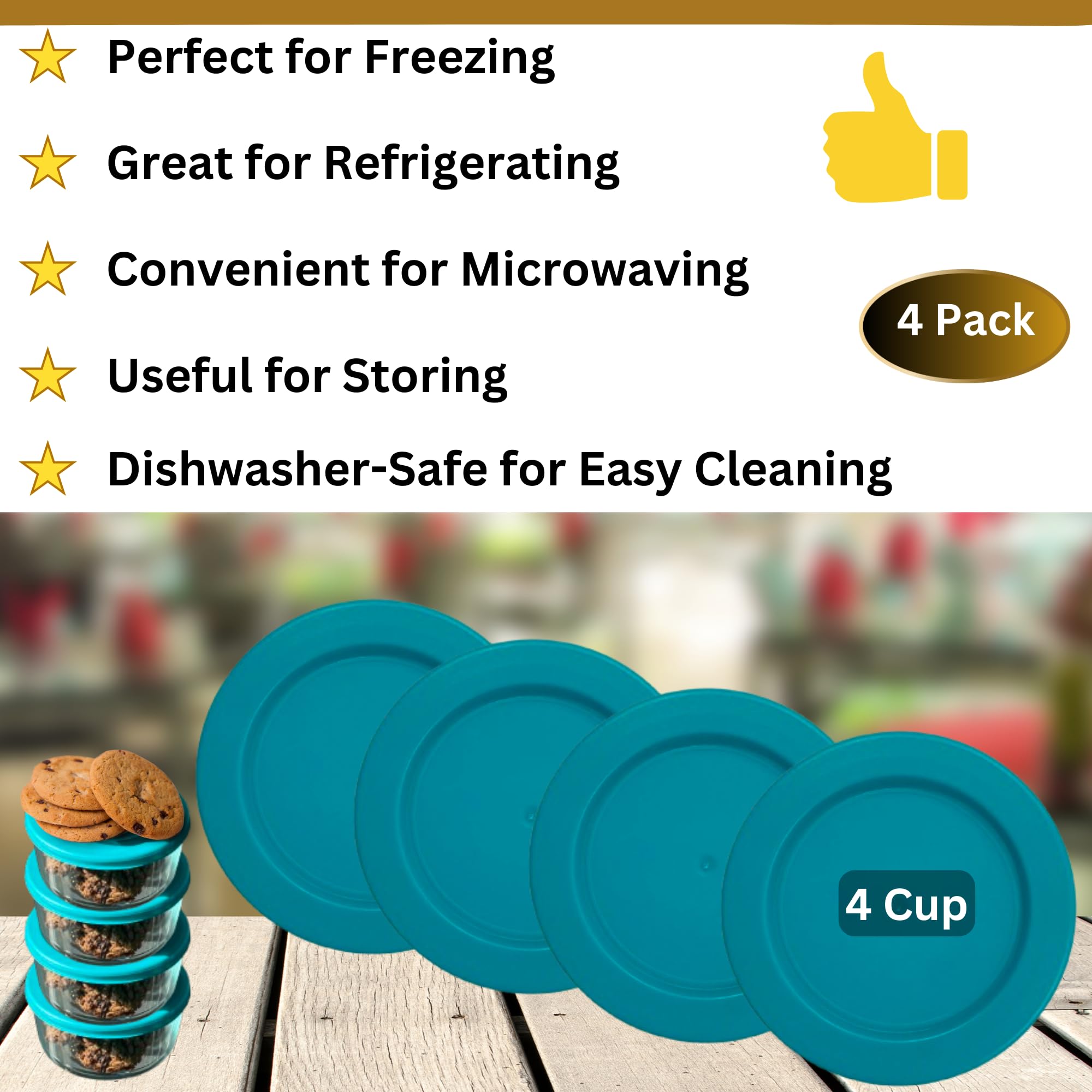 Klare Ware 4 Cup Replacement Lids/Covers for Pyrex 7201, Anchor Hocking & Klare Ware Storage Bowls (Glass Container Not Included) Microwave, Freezer & Top Rack Dishwasher Safe (4 Pack, Turquoise)