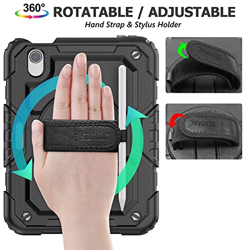 SEYMAC stock iPad Mini 6 Case 8.3’’ 2021 with Screen Protector Pencil Holder [360 Rotating Hand Strap] &Stand, Drop-Proof Case for iPad Mini 6th Generation 8.3'', Black