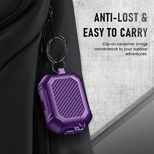 Maxjoy Compatible with AirPods Pro Case, Carbon Fiber Secure Lock Clip Full Body Shockproof Hard Shell Protective Case Cover with Keychain for AirPod Pro (2019), Purple