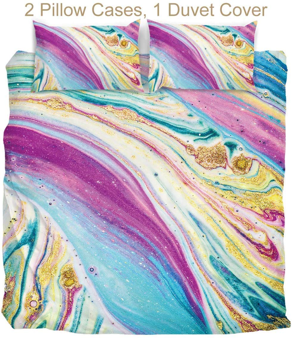 Sleepwish Marble Duvet Cover Set Modern Liquid Marble Colorful Duvet Cover 3 Pieces Abstract Rainbow Bedspreads Full King Size(Purple Turquoise and Gold)
