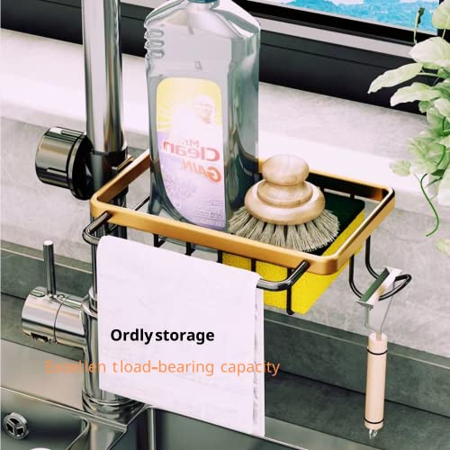 Kitchen Sink Rack Faucet Sponge Holder Over The Sink Organizer Faucet Rack with Hook,A Free Dishcloth Note:Round Pipe with Diameter 0.7-1.1 Inchs Can Be Used(Aluminum,Single Right Blackgolden)