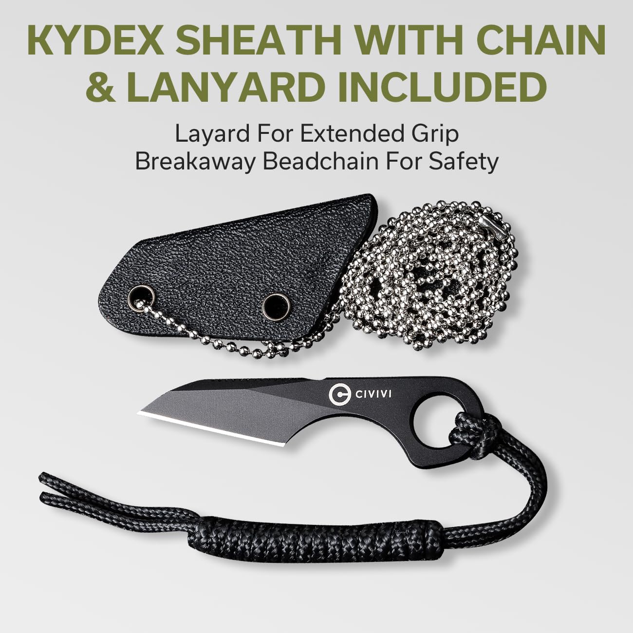 CIVIVI Gramis Mini Fixed Blade Neck Knife for EDC, Swedish 14C28N Steel, With Kydex Sheath with Chain and Lanyard C23004-1