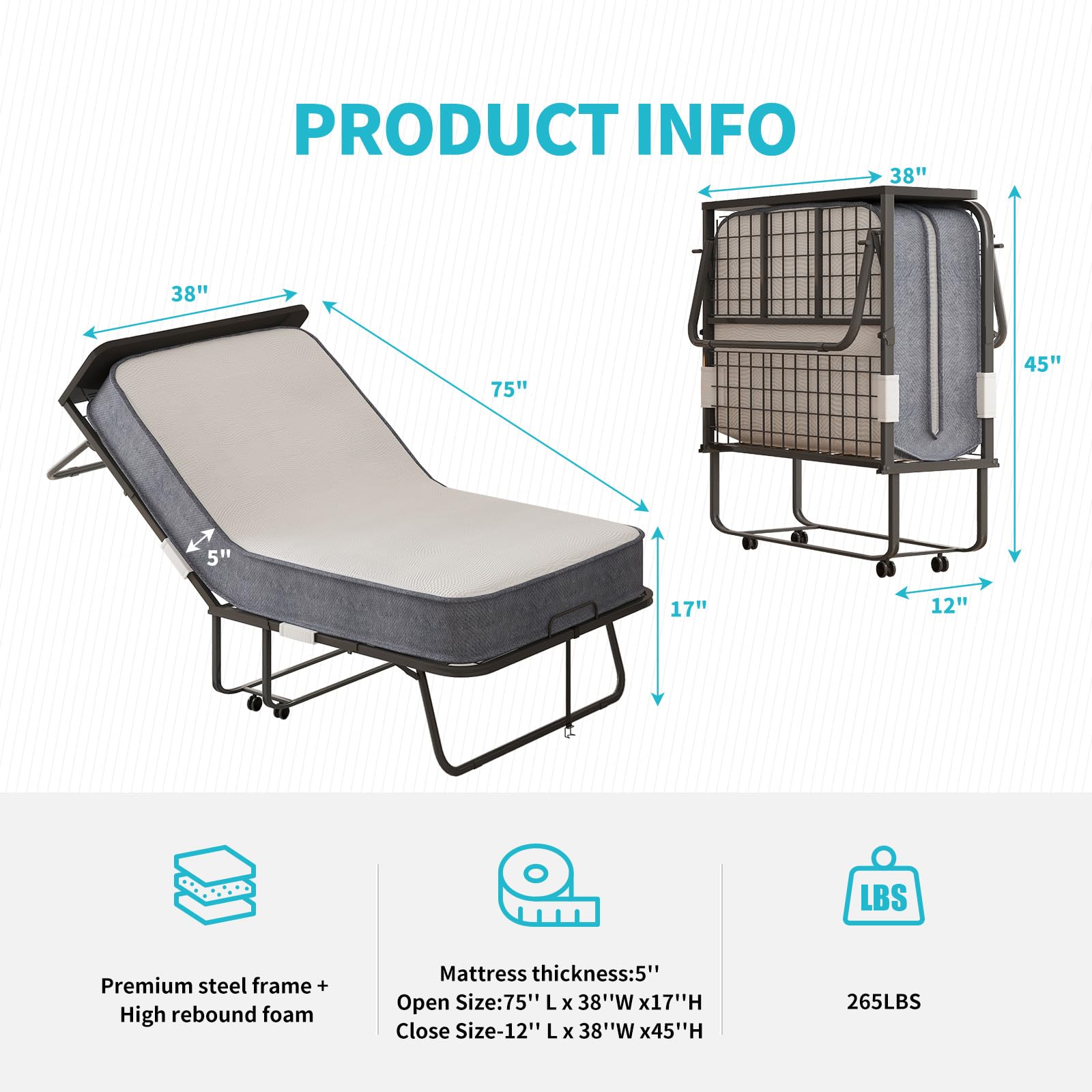 CECER Twin Size Folding Bed with 4 Inch Foam Mattress, 75" x 38" Rollaway Bed, Space-Saving Guest Bed, Portable Foldable Extra Bed for Adults with Sturdy Metal Frame, Easy Moving (Standard)