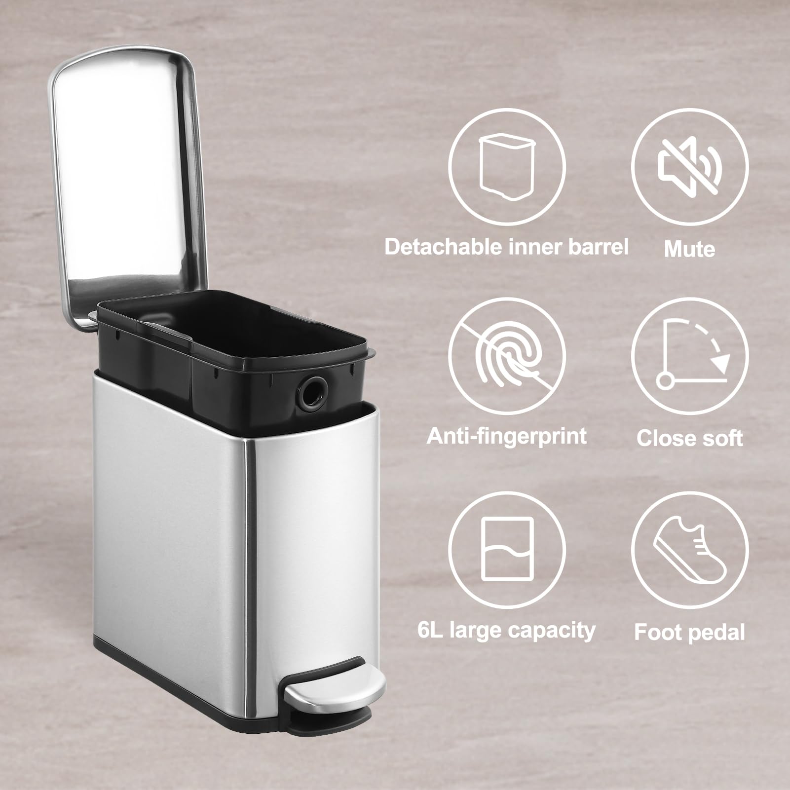 GAOMON 1.6 Gallon Bathroom Trash Can, Small Trash Can with Removable Liner, Narrow Vanity Wastebasket, Easy-Close Lid, Step Pedal Garbage Can for Bathroom, Bedroom, Kitchen