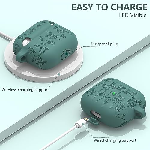 Flower Engraved Case for Apple AirPods 3 Case 2021, Soft Silicone Protective Case for AirPods 3rd Generation Case for Women Airpod Case with Clean Kit,Carabiner,Lanyard,Front LED Visible,Pine Green