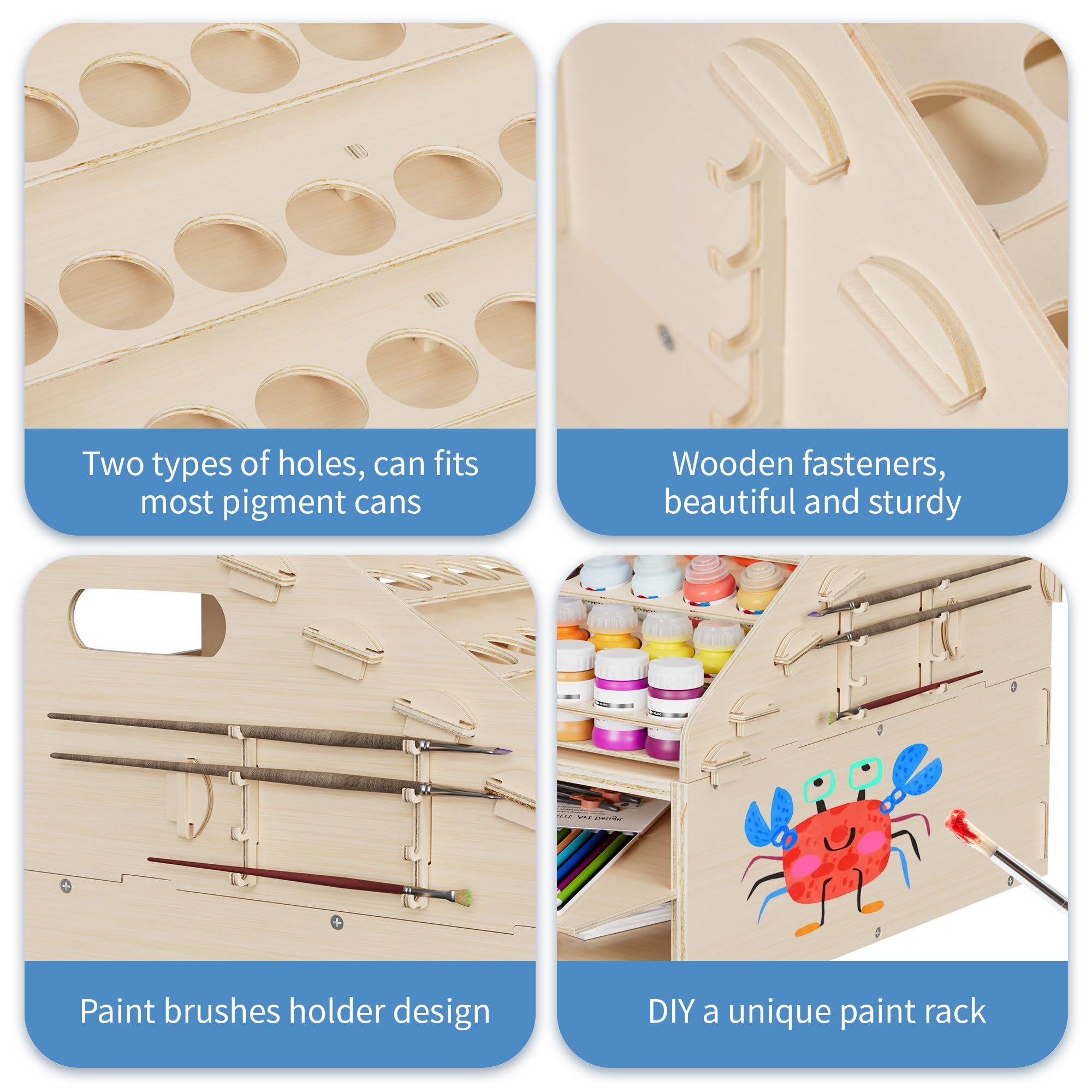 Gtouse Wooden Paint Storage Organizer, Citadel Paint Holder for 76 Bottles of Paints and 16 Paint Brushes Holder, 8-Tiers Craft Paint Storage Rack with 2 Cabinets for Art Tools for Artists
