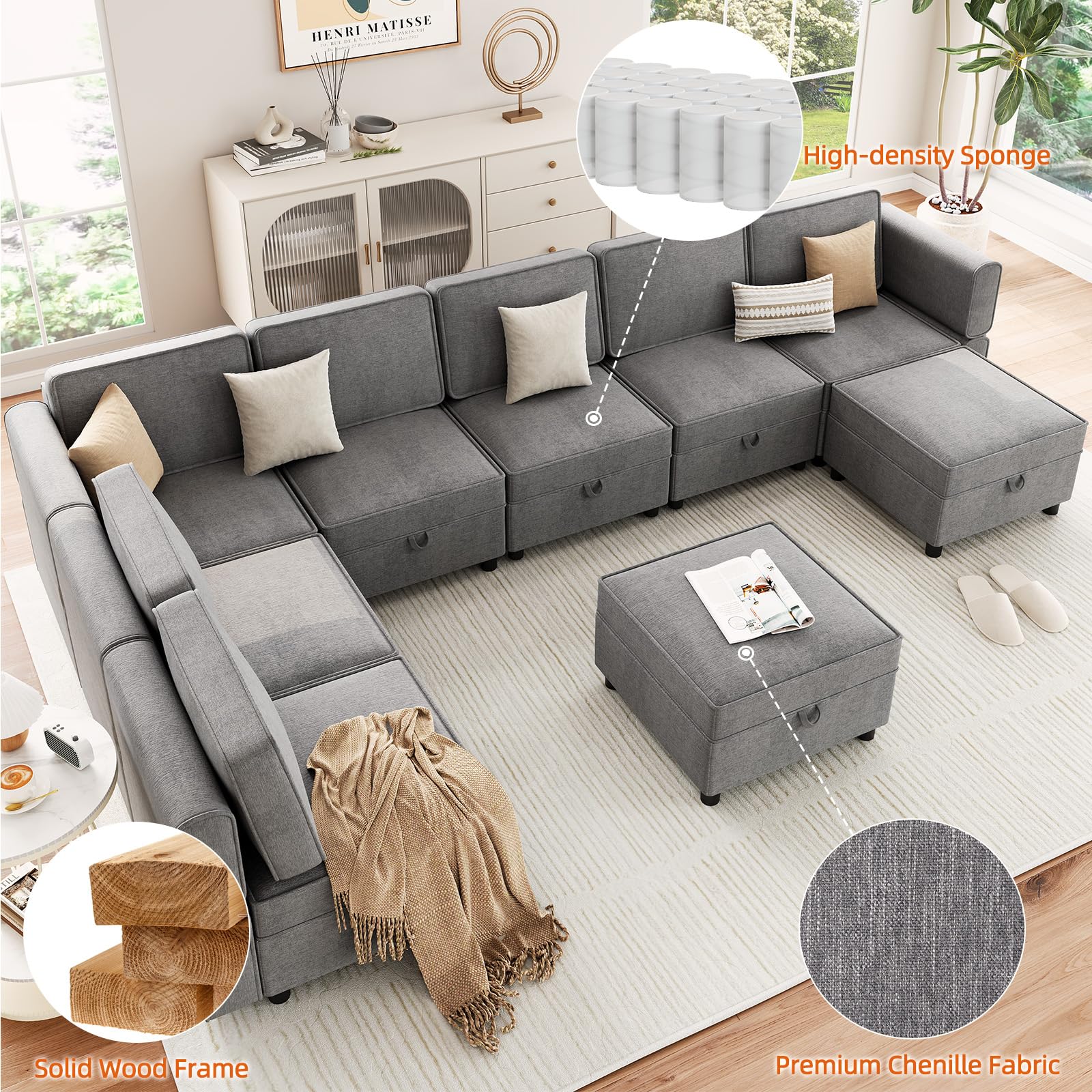 GAOMON 139.4" Chenille Reversible Sectional Sofa, 9-Seater Modular Sectional Sofa, Comfy Sectional Sleeper Sofa Couch with Chaise, U-Shape Modular Couch with Storage Seats & Ottomans, Grey