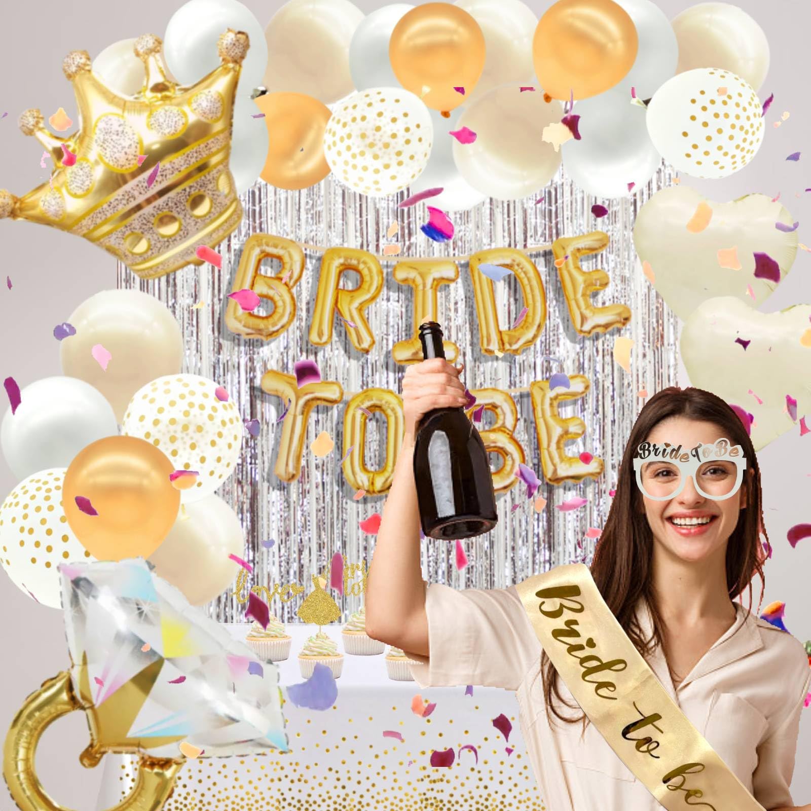 Generic Bride to be Decorations for Bridal Shower Bachelorette Party Pearly White Champagne Gold Includes Balloons Sash Cake Topper Photo Props Tablecloths and More