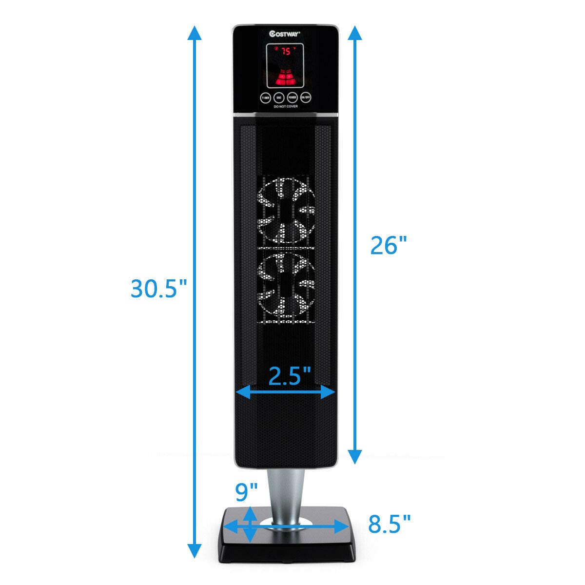 COSTWAY Oscillating Ceramic Tower Heater, 30.5-Inch Portable Room Heater 750W/1500W with 8H Timer, Adjustable Thermostat & Wireless Remote Control, Overheat & Tip-Over Protection for Indoor, Black