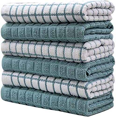 Kitchen Towels 16"x 28" | Dish Towels | Kitchen Hand Towels | Large Dishcloths Set | Highly Absorbent Tea Towel, Soft with Hanging Loop | Natural Ring Spun Cotton, 380 GSM | Aqua Check Design - 6 Pack
