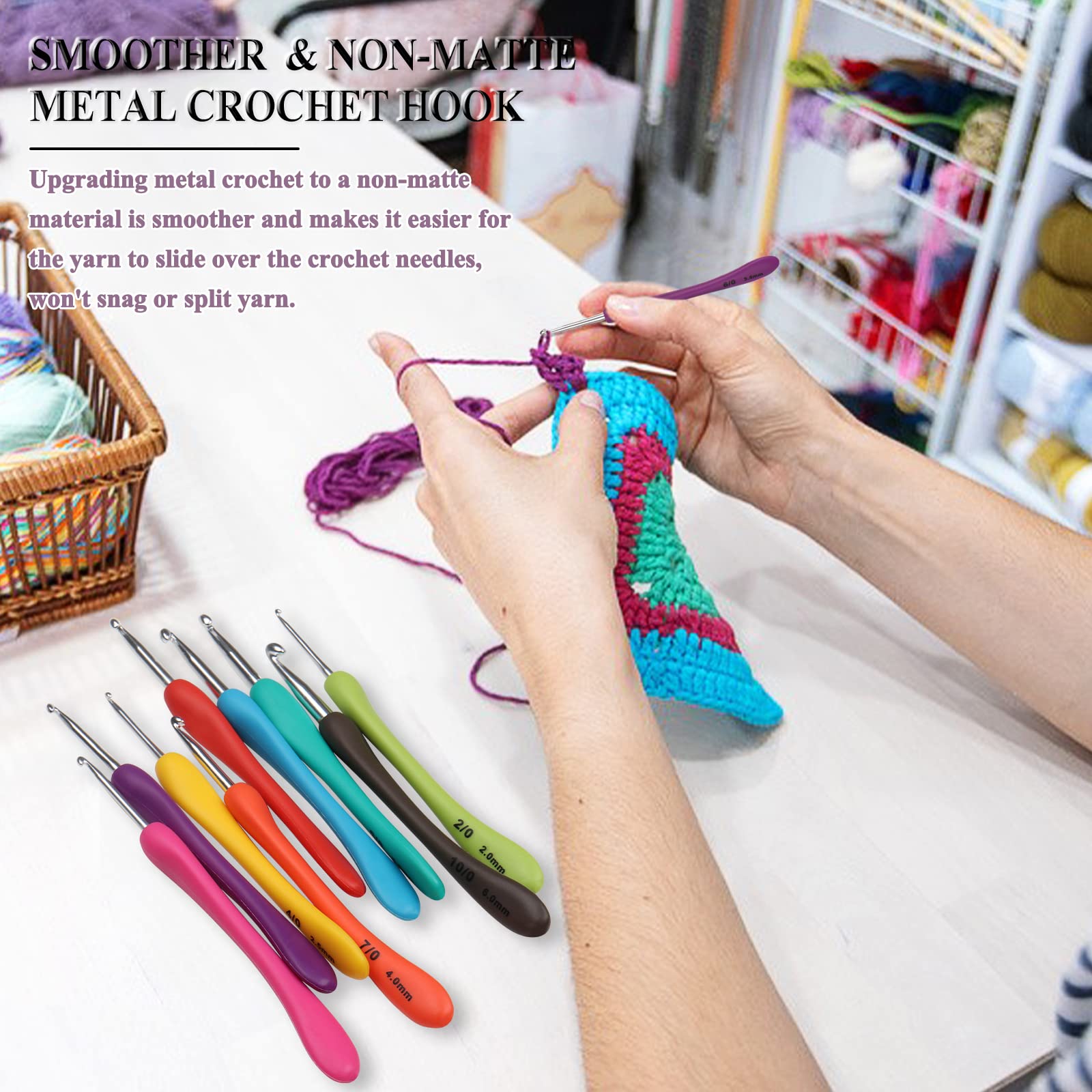 Coopay Crochet Hooks Ergonomic Soft Grip Dual-streamlined Handle Crochet Hook Set for Arthritic Hands, 9PCS Aluminum Crochet Needles for Crochet Yarn, Crochet Kit Beginners Knitting Crochet Supplies