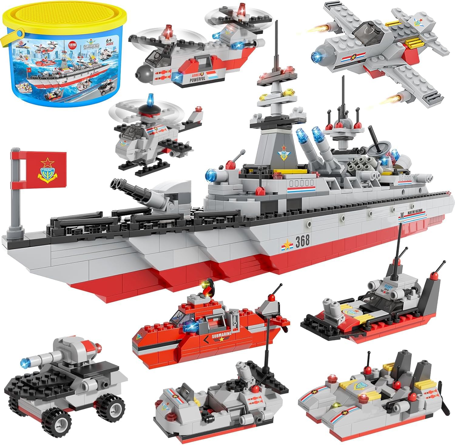 WishaLife City War Military Battleship Toy Building Blocks Set, with Army Truck Toys, Car Toys, Boat Toy, Airplane Toy, Helicopter Toy, WW2 Construction Toys Gift for Kids Boys Girls Aged 6 Plus