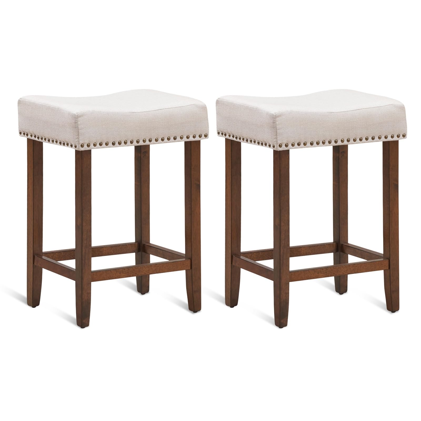 COSTWAY Saddle Stools Set of 2, 29-inch Counter Height Backless Stools with Brass Nailhead Trim, Solid Wood Legs, Foot Rest, Max Load 264 Lbs, Upholstered Bar Chair for Kitchen Island Pub, Grey