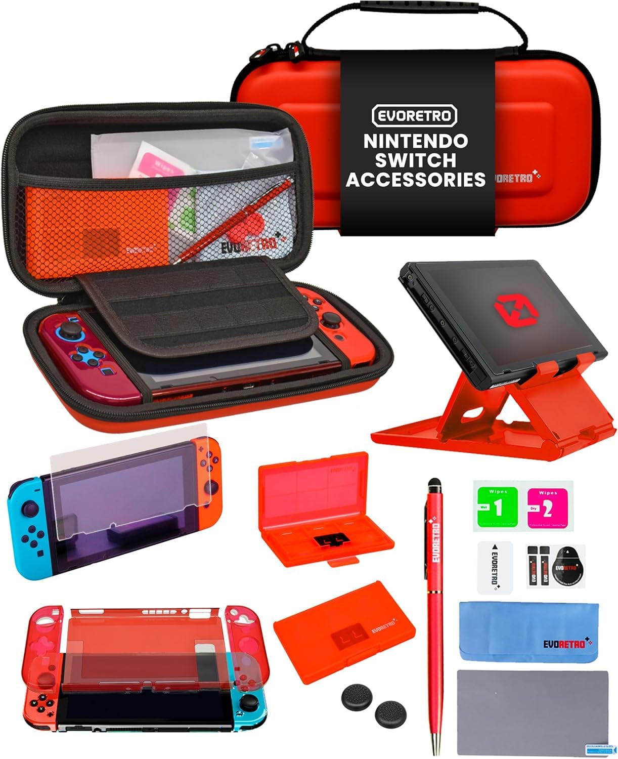 Switch Accessories Kit compatible for Nintendo Switch - Black | Bundle Set compatible with Super mario bros, Switch Sports, Fortnite, Animal Crossing, Minecraft, Pokemon, Zelda (12 in 1 set - Red)