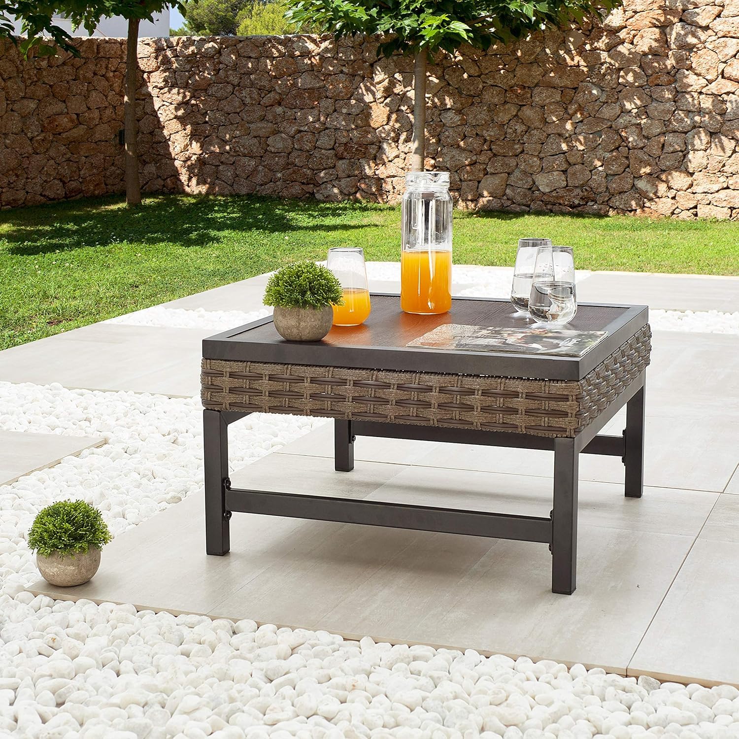 LOKATSE HOME Outdoor Patio Dining Square Bistro Coffee Side Slatted Metal Steel Wicker Frame Aluminum Plastic Plate Furniture End Table for Garden Lawn Poolside, Grey