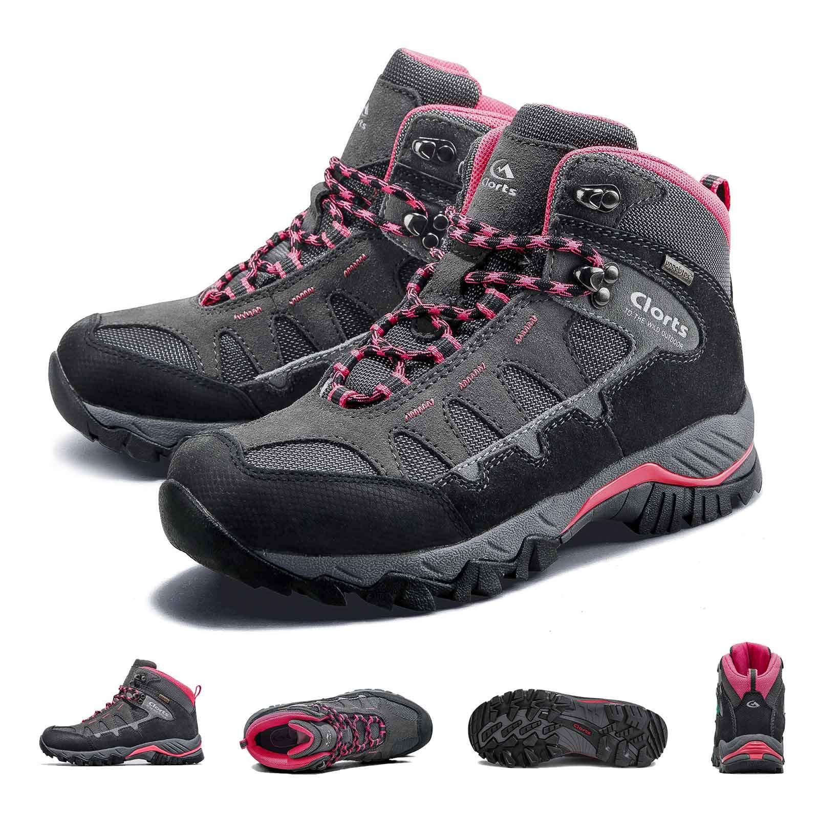 Clorts Women's Pioneer Hiking Boots Waterproof Suede Leather Lightweight Hiking Shoes Dark Grey/Pink US Women Size 9 Medium Width