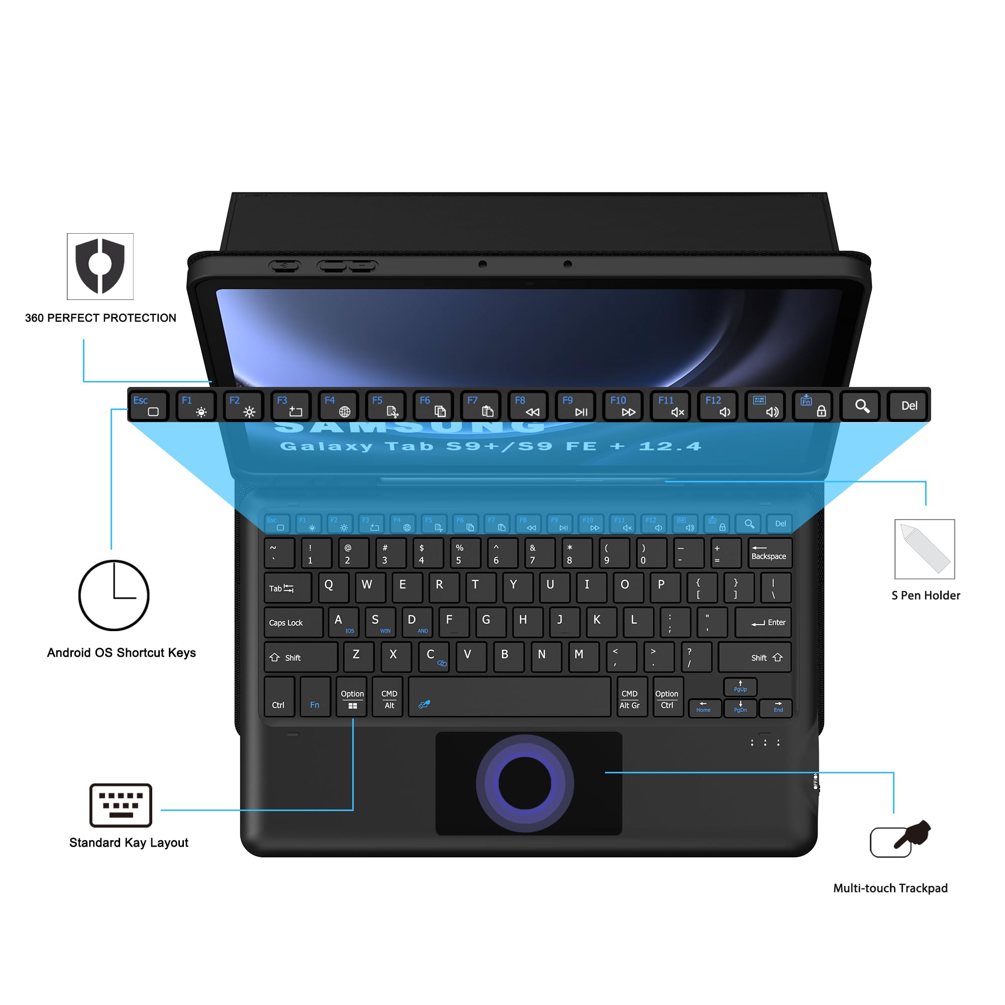 DOMEUN Galaxy Tab S7 FE/S7 Plus/S8 Plus Case with Keyboard 12.4 inch - 7 Color Backlit Detachable Wireless Touchpad Keyboard Cases with S Pen Holder for Samsung Tab S8+ 2022/S7 FE 2021/S7+ 2020