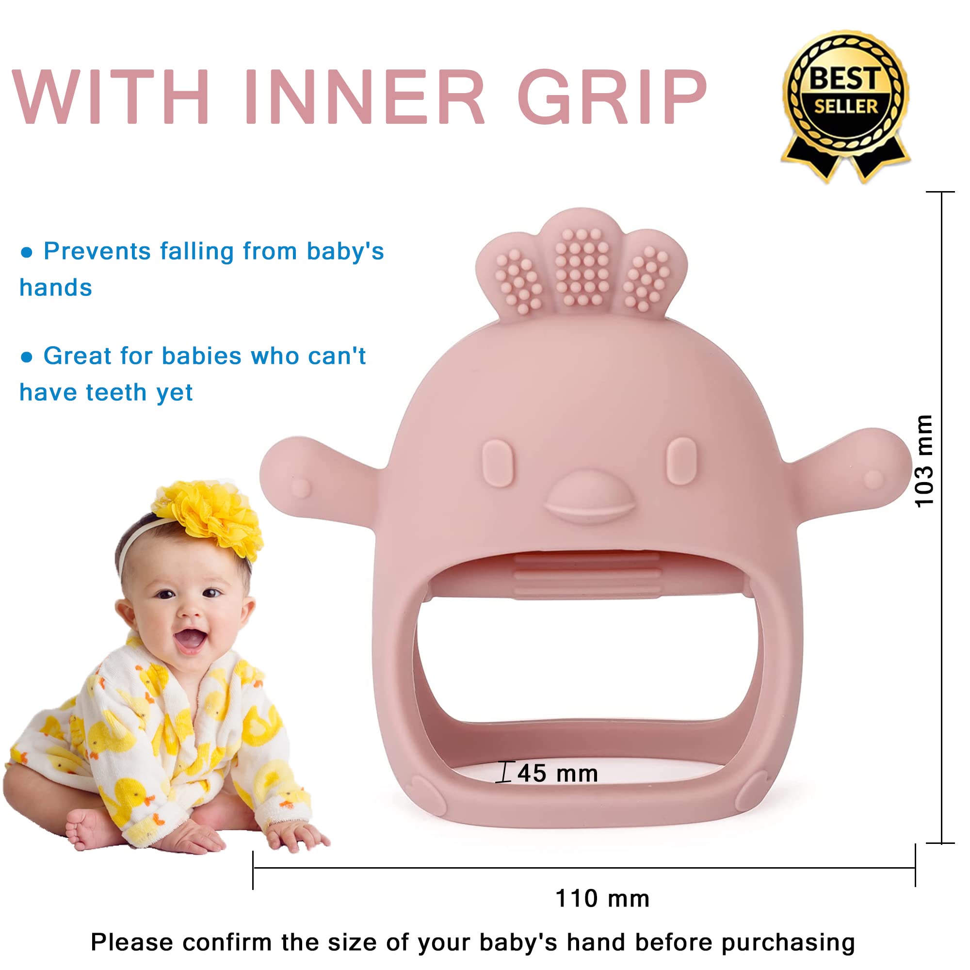 EXGOX Silicone Teether Mitten,Baby Silicone Teething Toys 3D Shape Silicone Teether Gloves for Sucking Needs and Prevent Finger Sucking Massages Gums, for Over 12 Months Breast Feeding Baby (Pink)