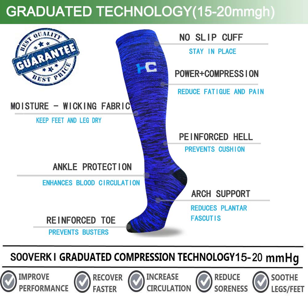Copper Compression Socks for Women & Men 6 Pairs 15-20 mmHg is Best For Graduated Athletic, Running, Travel, Flight, Nurses(Large/X-Large)