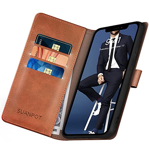 SUANPOT for iPhone 13(NON 13Pro)6.1 inch 5G with RFID Blocking Wallet case Credit Card Holder,Flip Book PU Leather Phone case Shockproof Cover cellphone Women Men for Apple 13 case Wallet Light Brown